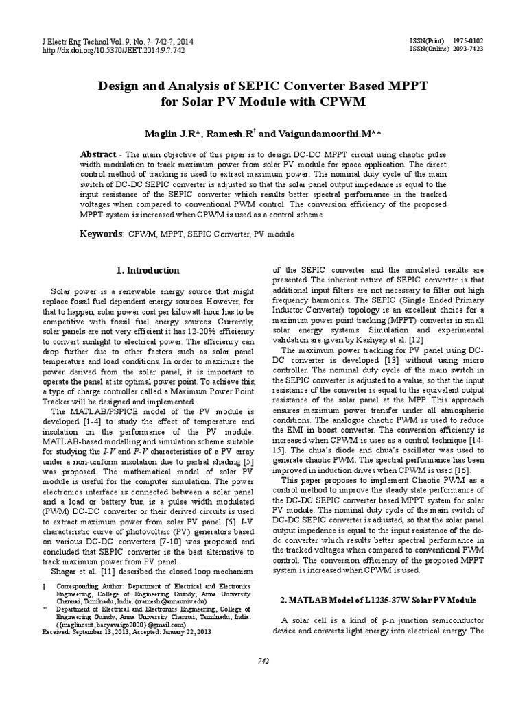 Design and Analysis of SEPIC Converter Based MPPT For Solar PV Module With CPWM | PDF ...