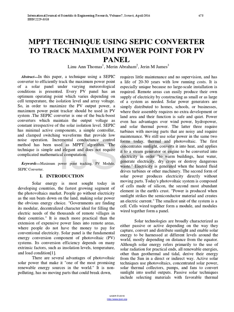 Mppt Technique Using Sepic Converter To Track Maximum Power Point For