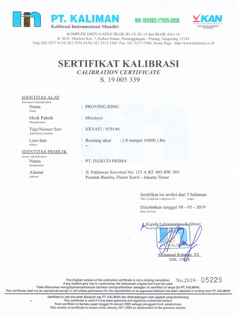 Sertifikat Kalibrasi Proving Ring | PDF