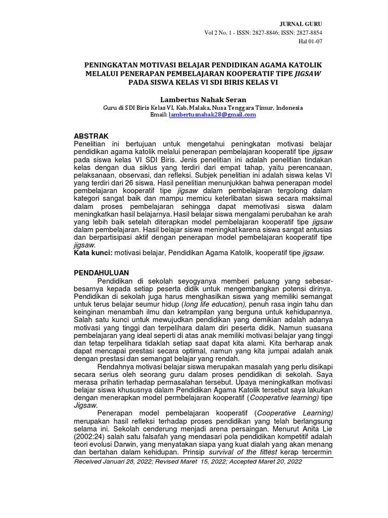 Peningkatan Motivasi Belajar Pendidikan Agama Katolik Melalui Penerapan ...