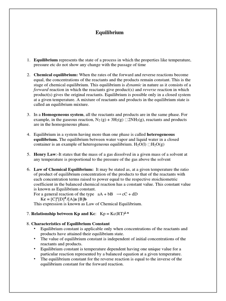 Equilibrium Notes | PDF | Chemical Equilibrium | Chemical Reactions