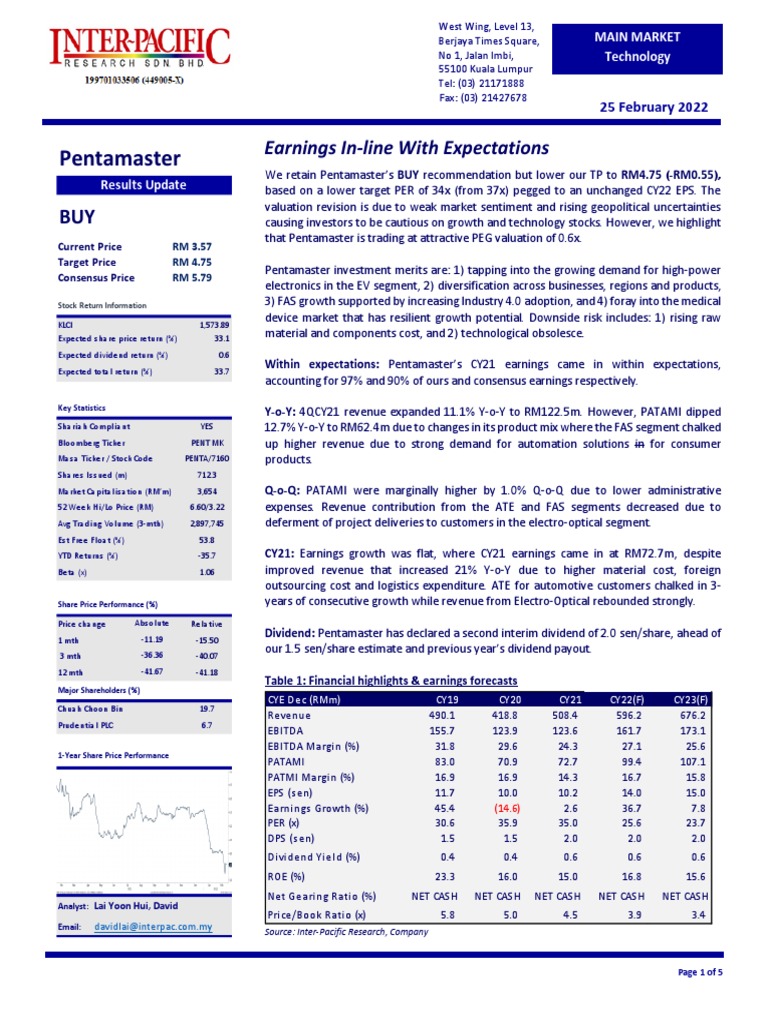 Pentamaster Corp Bhd Earnings In-line With Expectations; BUY Rating ...