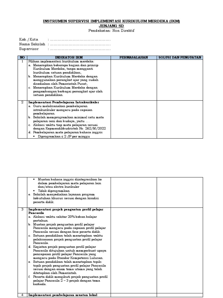 Instrumen Supervisi Implementasi Kurikulum Merdeka - SD | PDF