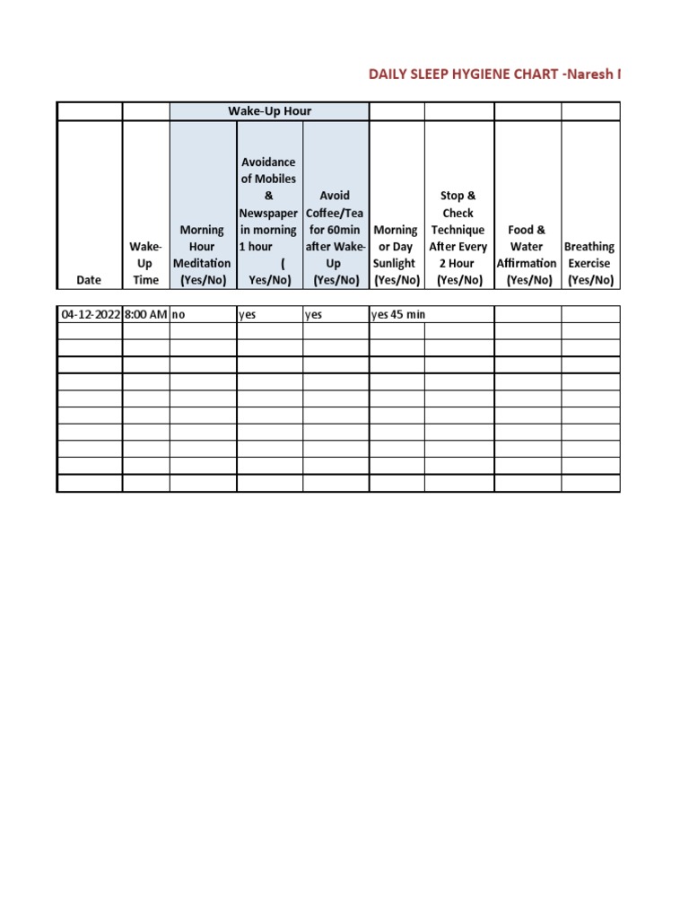 Daily Sleep Hygiene Chart | PDF