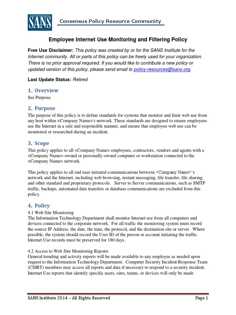 Employee Internet Use Monitoring and Filtering Policy | PDF | Internet ...