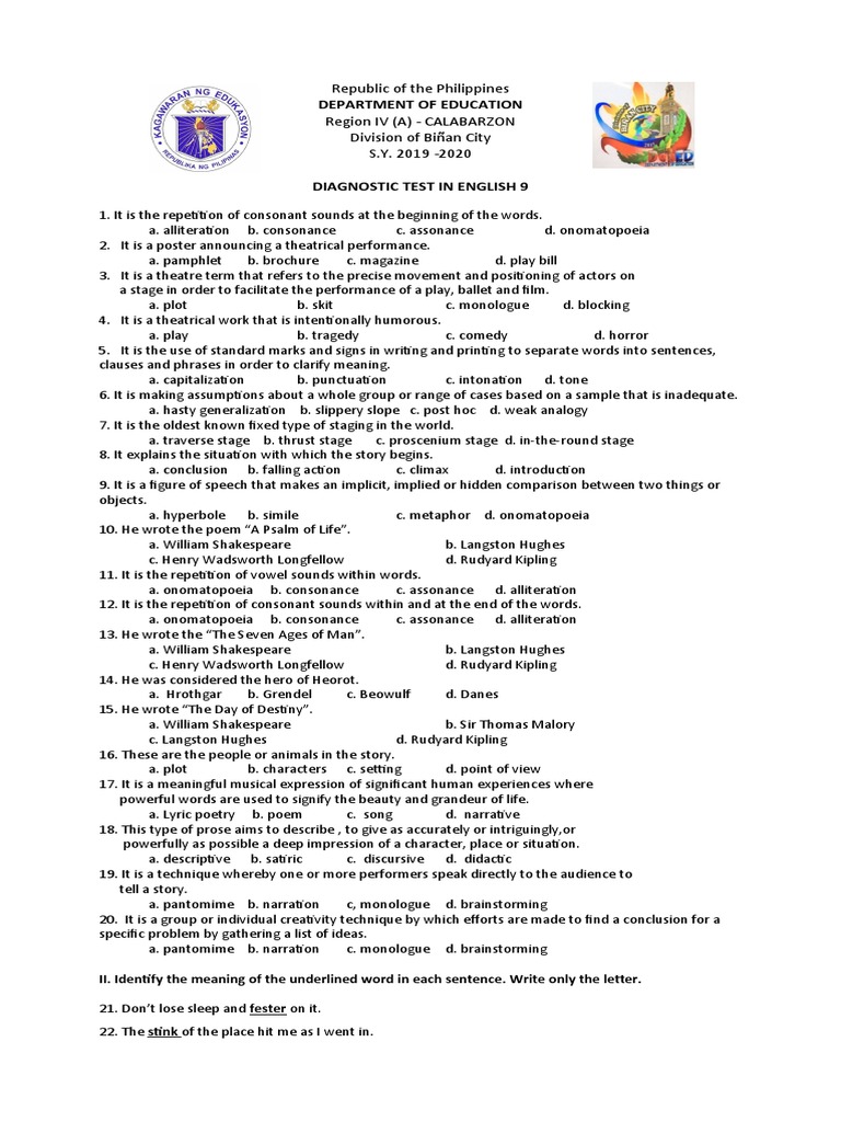 Diagnostic English 9 | PDF | Poetry | Verb