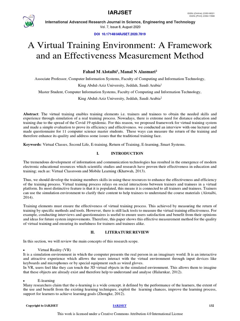A Virtual Training Environment A Framework and An | PDF | Educational ...