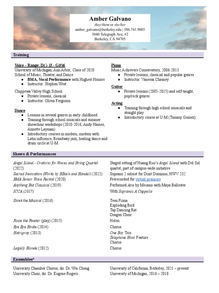 Amber Galvano - Music Resume | PDF | Choir | Vocal Music