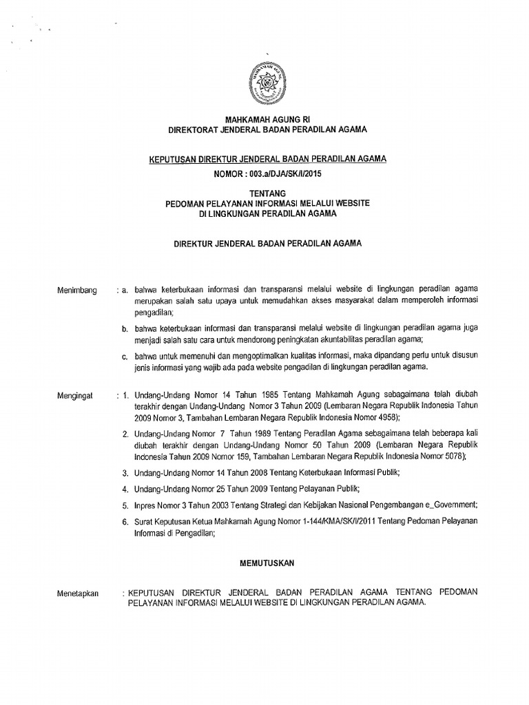 Pedoman Pelayanan Informasi Melalui Website Di Lingkungan Peradilan Agama | PDF