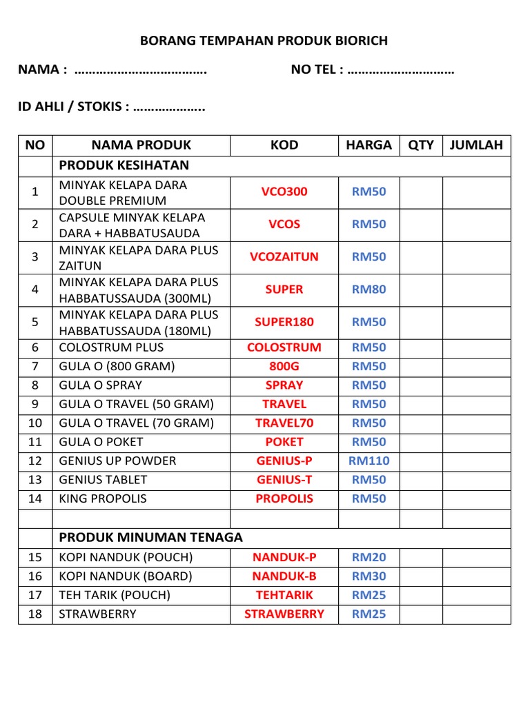 Borang Tempahan Produk Biorich | PDF