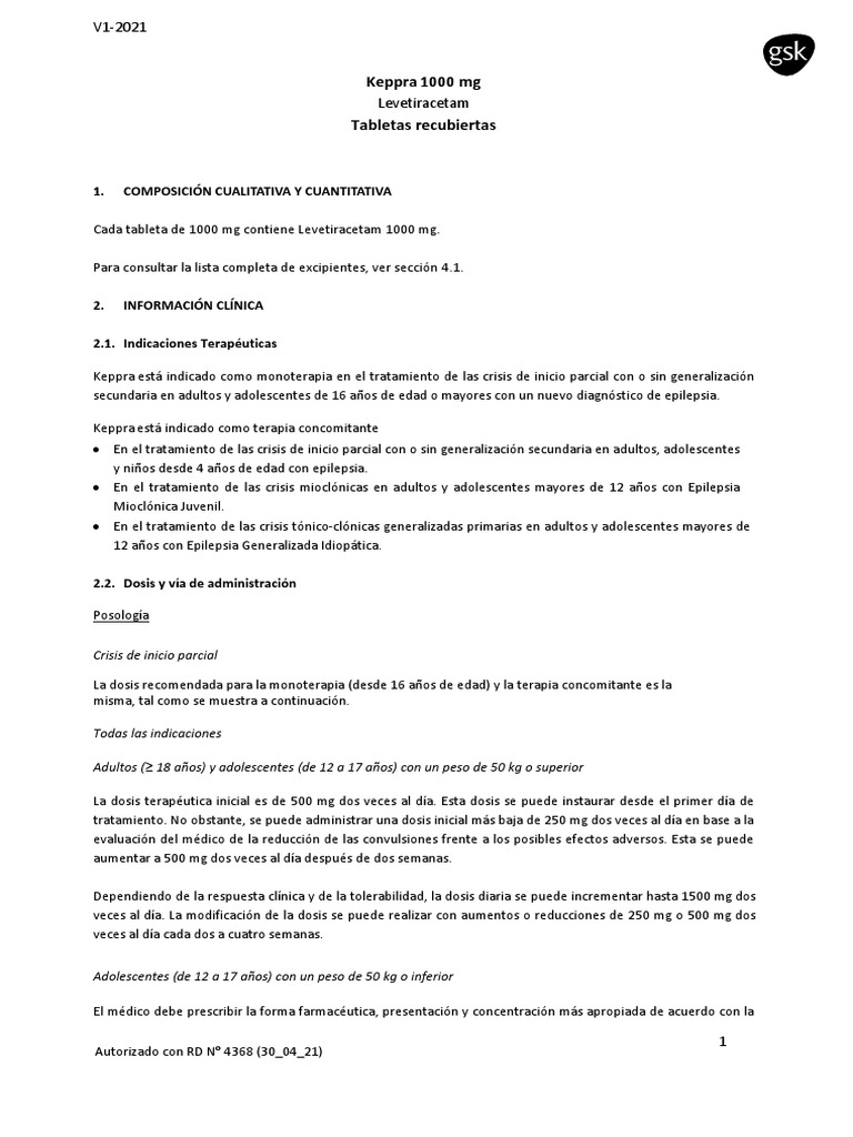 PE Keppra 1000 MG Tableta Recubierta | PDF | El embarazo | Farmacocinética