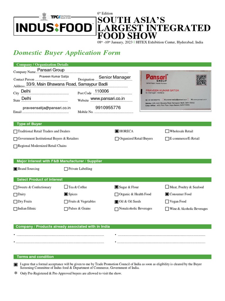 Indusfood-F&B - 2023 Domestic Buyer Registration Form | PDF | Foods | Drink