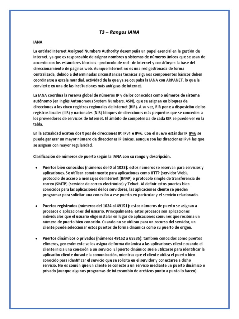 Rangos IANA | PDF | Protocolo de transferencia de archivos | Internet