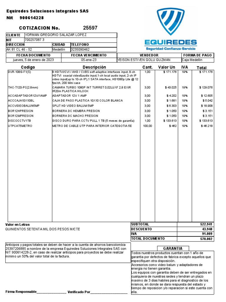 Cotizacion No.: 900614228 Nit Equiredes Soluciones Integrales SAS | PDF