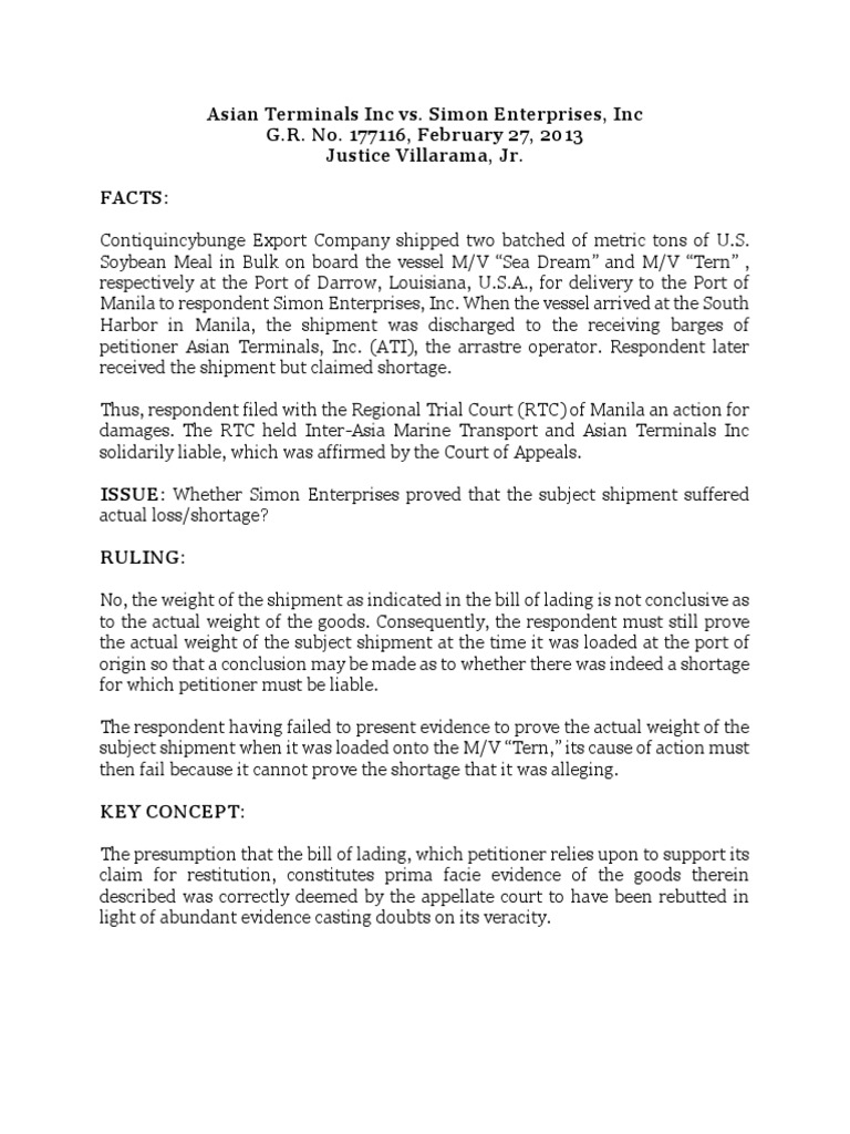 Asian Terminals Inc vs. Simon Enterprises, Inc | PDF