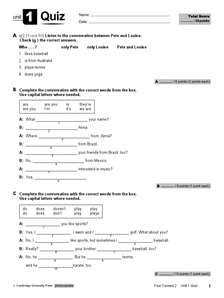 Quiz Oral 1 Four Corners | PDF