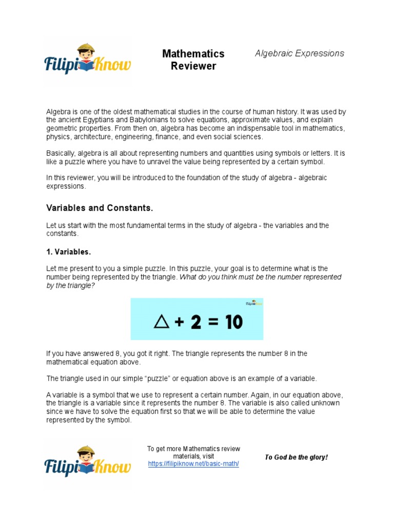 Introduction to Algebraic Expressions | PDF | Variable (Mathematics ...