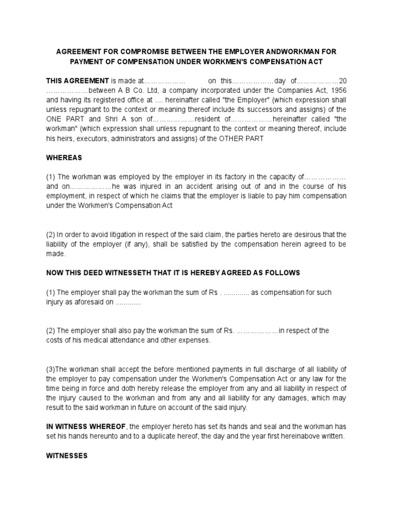 Agreement For Compromise Between The Employer Andworkman For Payment of ...