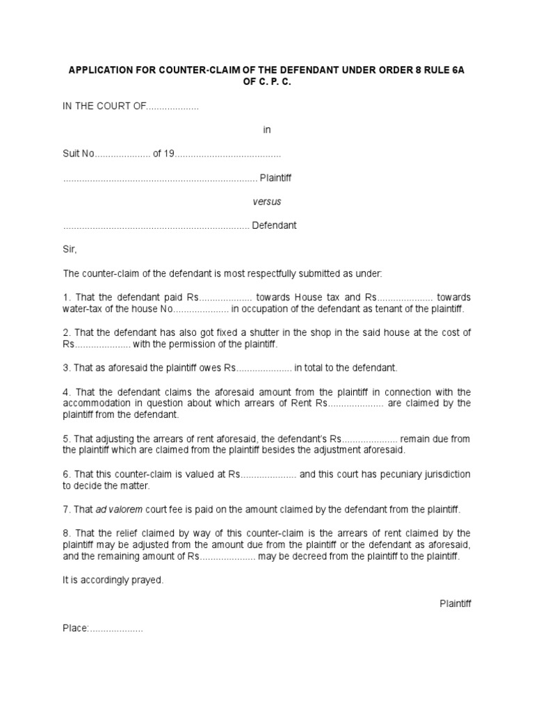 Application For Counter Claim of The Defendant Under Order 8 Rule | PDF ...