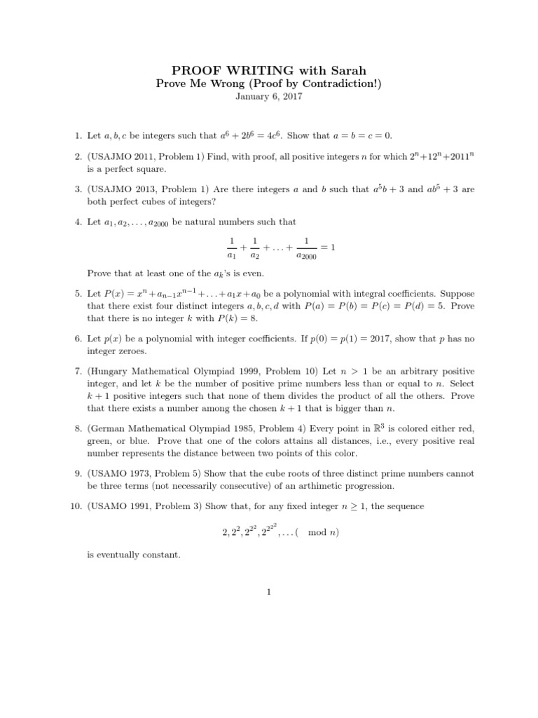 Proofs by Contradiction in Olympiads | PDF | Number Theory | Discrete ...