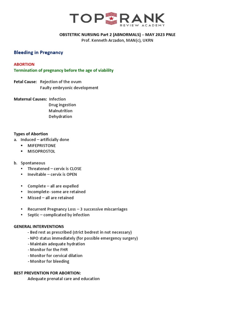 Revised OB Handout Part 2 MAY 2023 PNLE Refresher | PDF | Miscarriage | Pregnancy