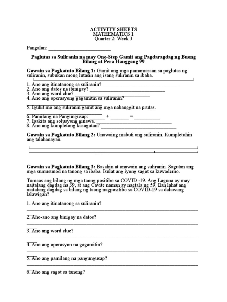 MATHEMATICS 1 Activity Sheet Q2 W3 | PDF
