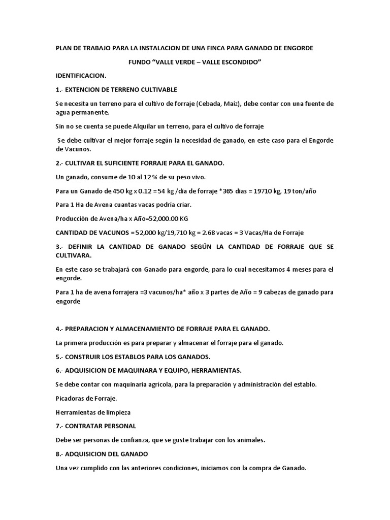 Plan de Trabajo para La Instalacion de Una Finca para Ganado de Engorde | PDF | Cocina, comidas ...