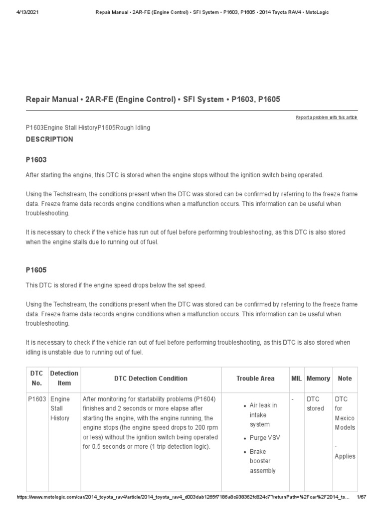 Repair Manual - 2AR-FE (Engine Control) - SFI System - P1603, P1605 ...