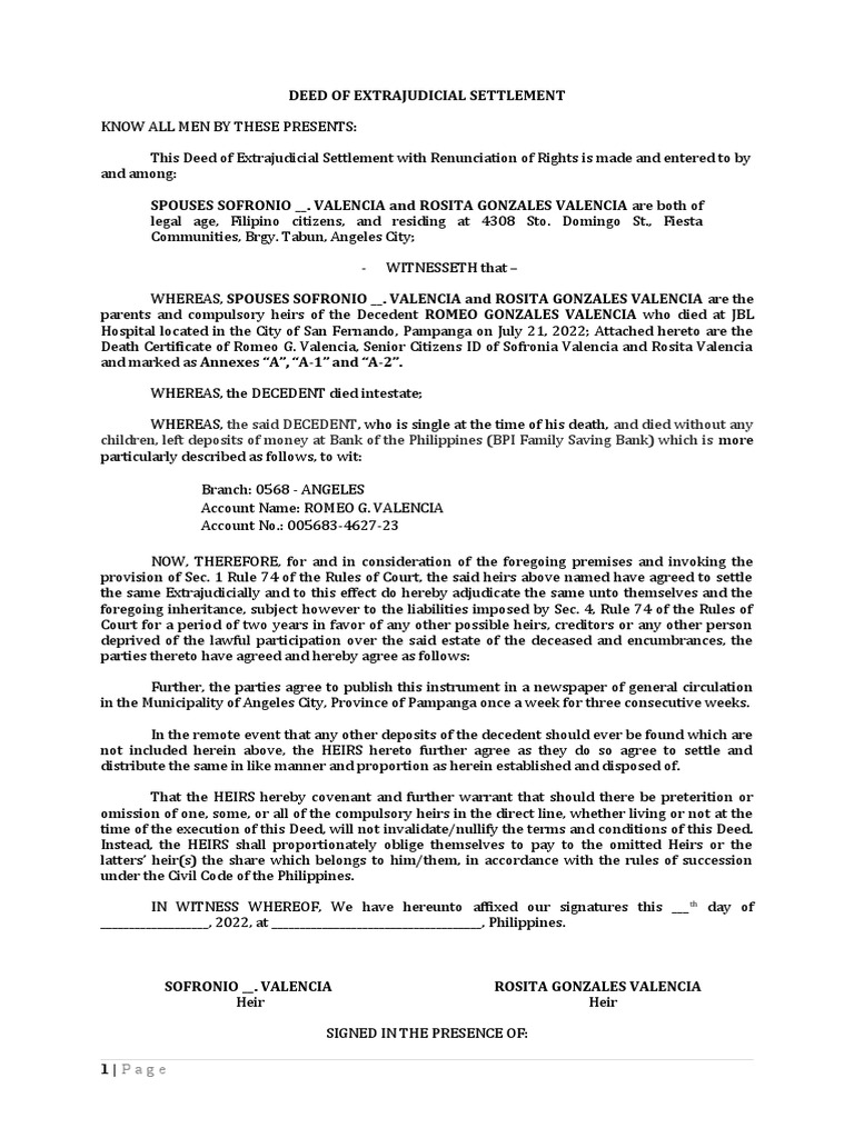 Deed of Extrajudicial Settlement - Bpi | PDF | Inheritance | Legal Documents
