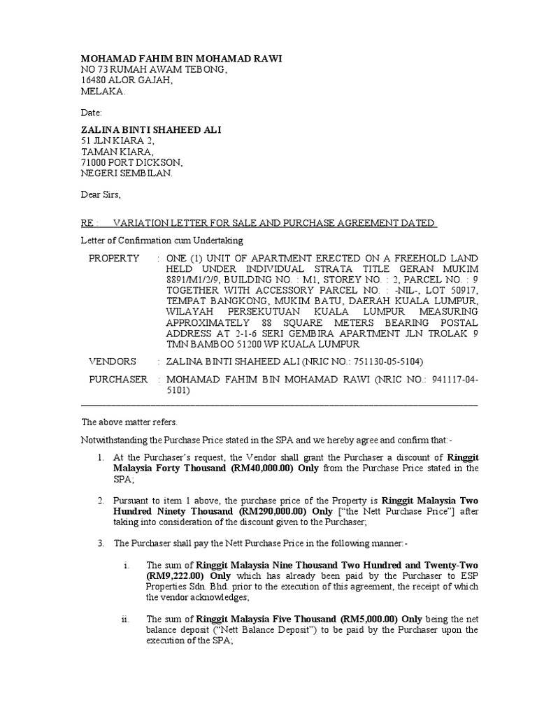 Variation Letter for Property Agreement | PDF | Indemnity | Taxes