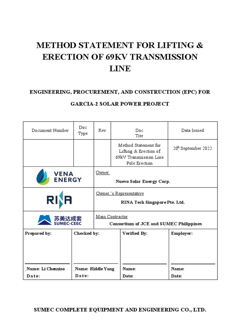 NSC-400-CE-3110-MOS-02-A-Method Statement For 69kV Transmission Pole Erection | PDF | Safety ...