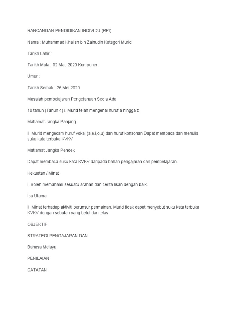 Rancangan Pendidikan Individu | PDF