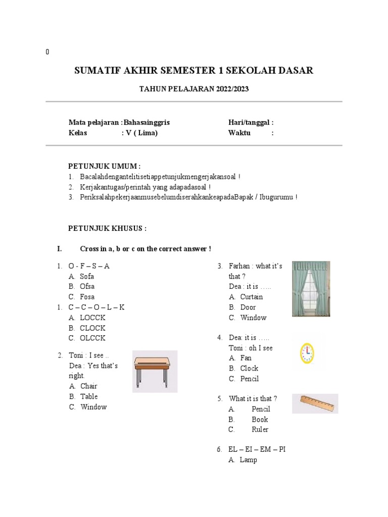 Soal Penilaian Akhir Semester Bahasa Inggris Kelas 5 | PDF
