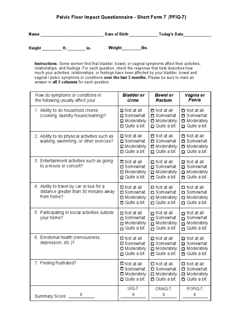 Pelvic Floor Impact Questionnaire - Short Form 7 (PFIQ-7) | PDF ...