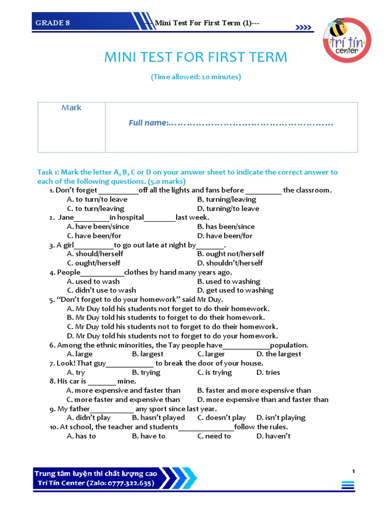 Mini Test For First Term (1) (Grammar) | PDF | Linguistics | Cognition