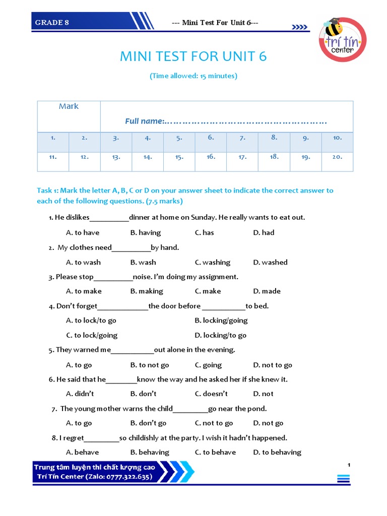 Mini Test For Unit 6 (Grammar) | PDF