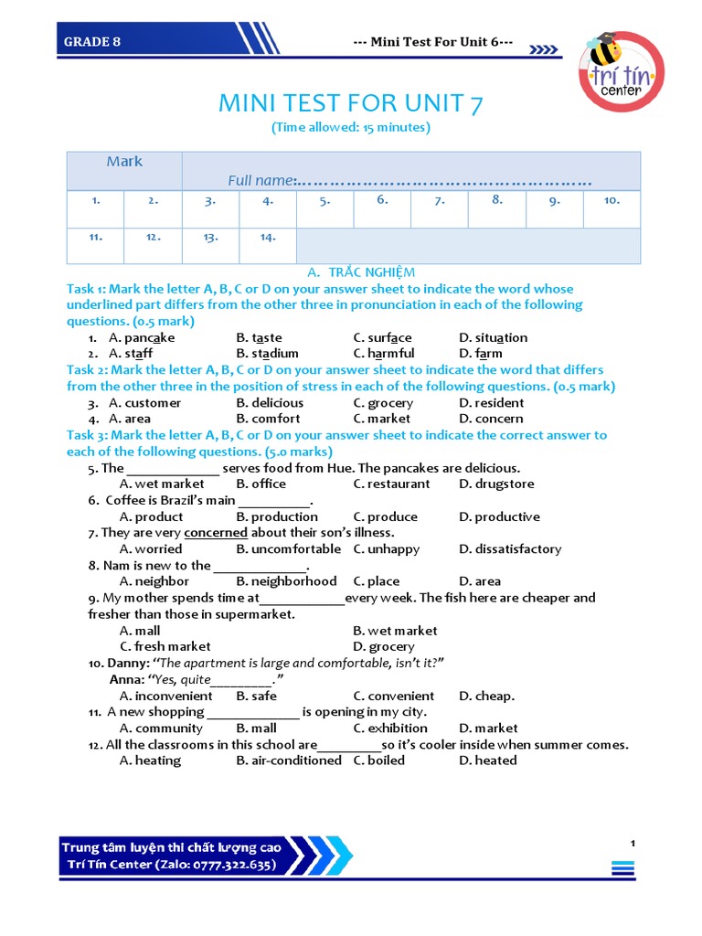 Mini Test For Unit 7 (Vocabulary) | PDF