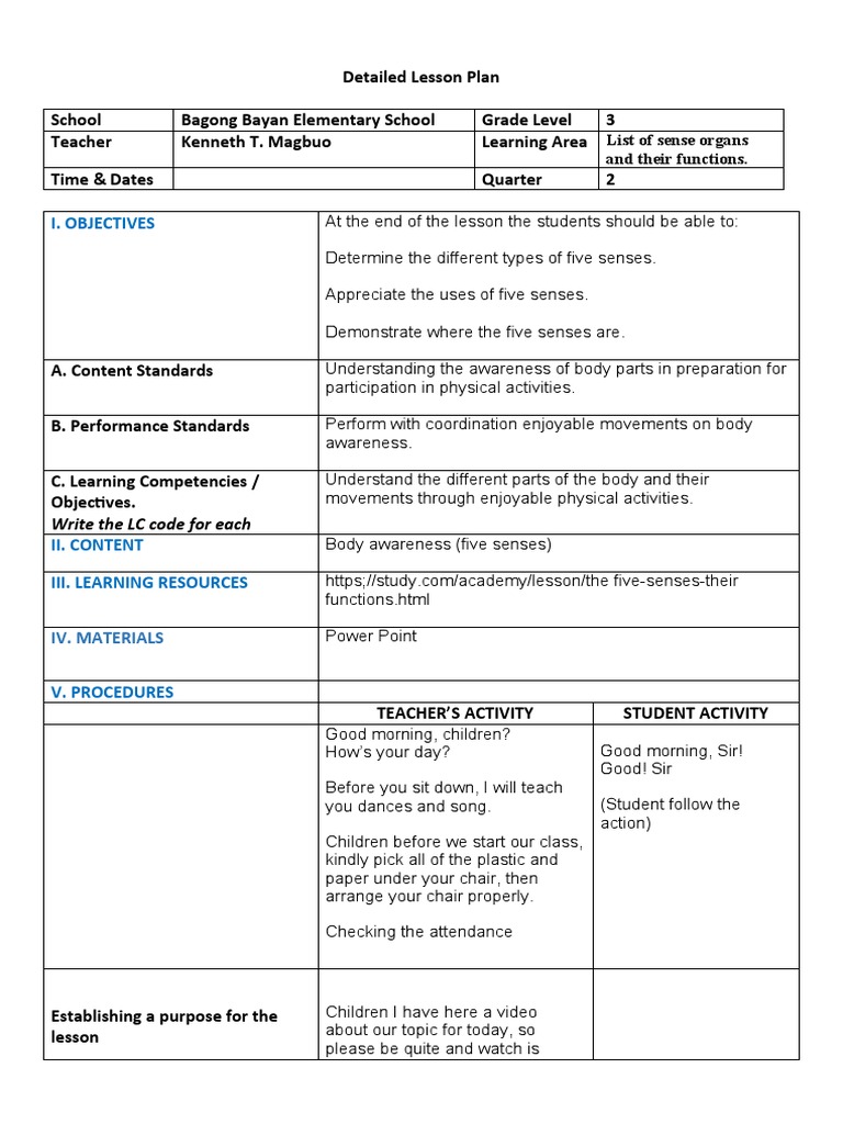DETAILED LESSON PLAN For Grade 3 | PDF | Senses | Lesson Plan