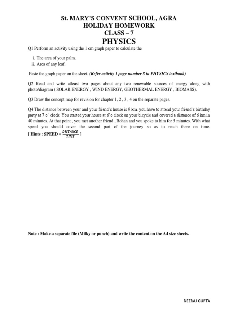 Class 7 Physics Holiday Homework | PDF