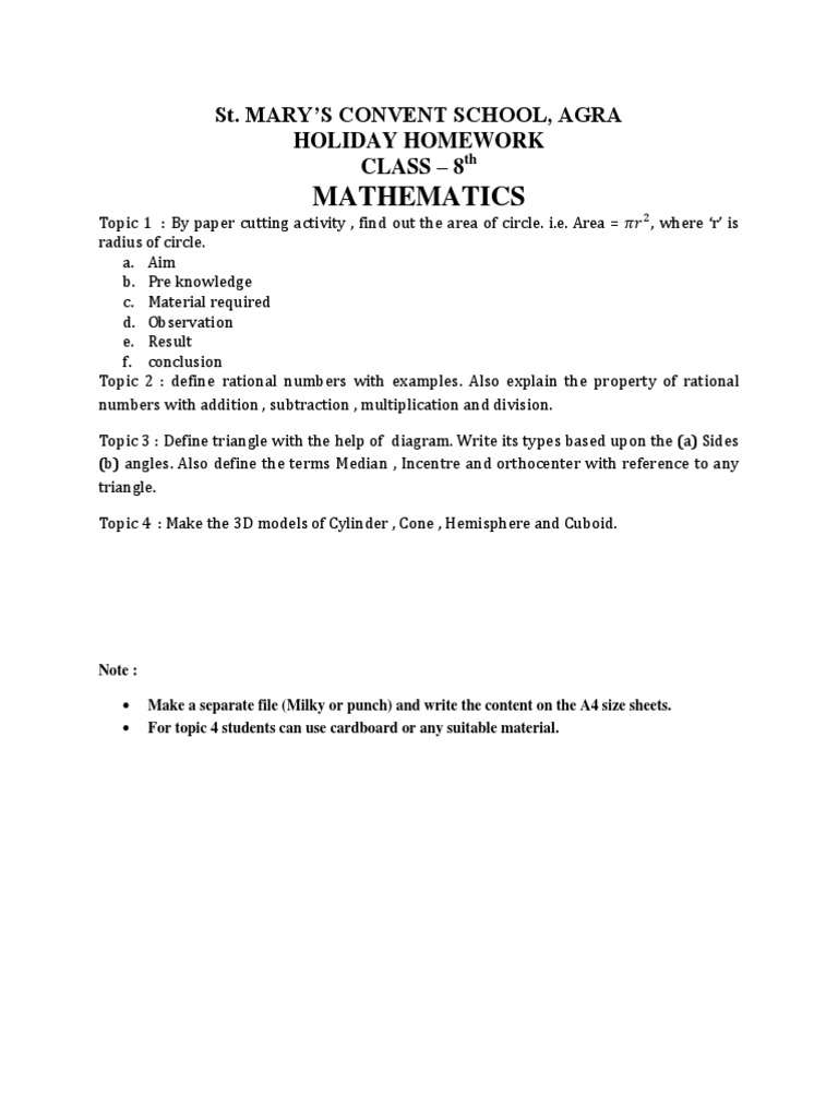 8th Maths Holiday Homework | PDF