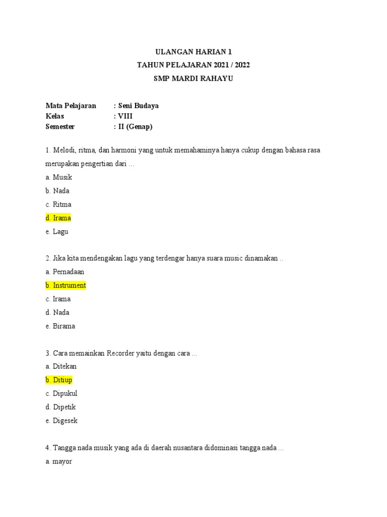 Ulangan Harian 1 SBK 1 | PDF