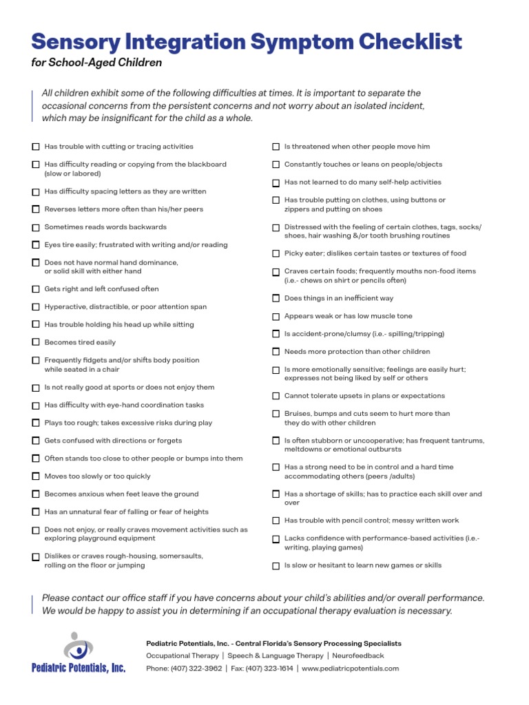 Sensory Integration Symptom Checklist For School Aged Children REVISED ...