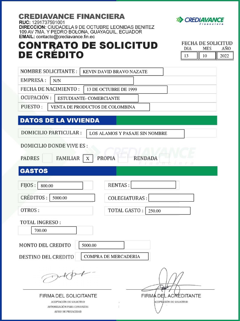 Contrato de Solicitud de Credito Personal - Crediavance Financiera | PDF