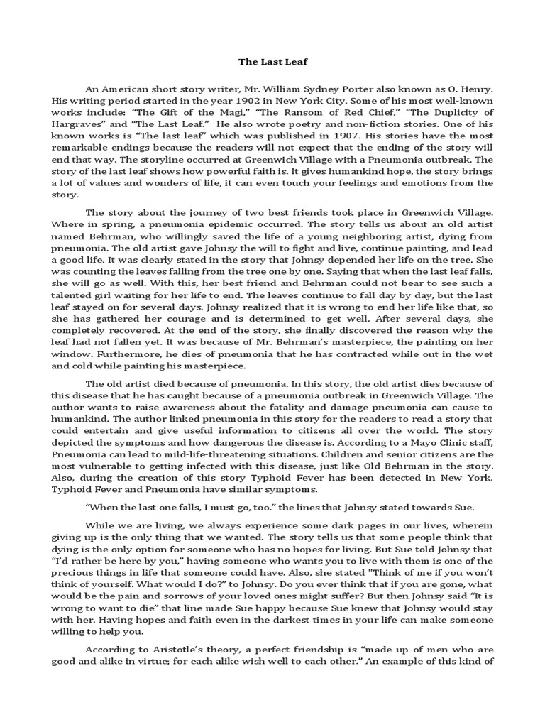 The Last Leaf | PDF | O. Henry | Pneumonia