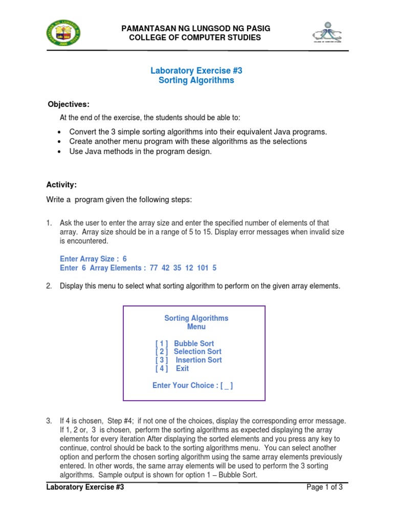 03 - Lab Exercise #3 - Sorting Algorithms | PDF | Array Data Structure | Algorithms