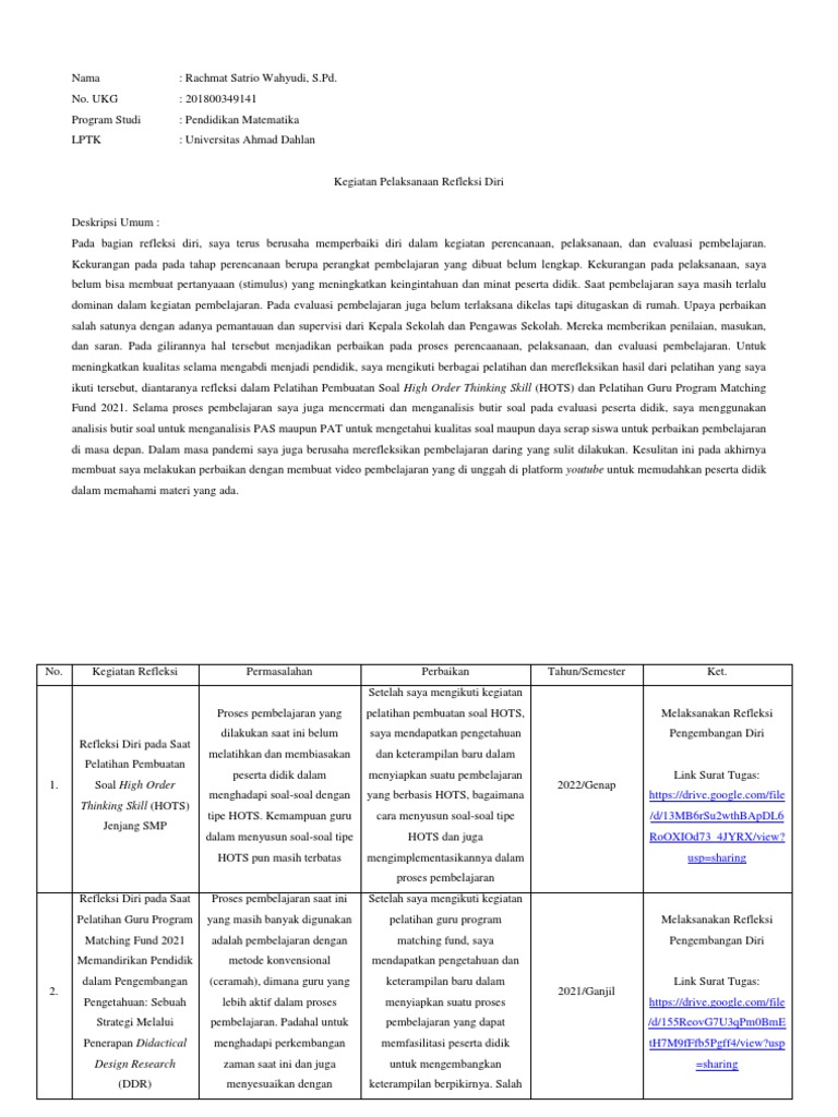 Kegiatan Pelaksanaan Refleksi Diri | PDF | Karier & Perkembangan
