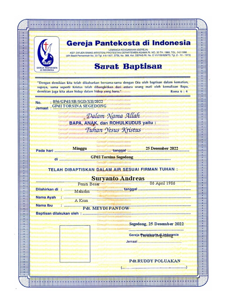 SURAT BAPTIS GPdI Surianto | PDF