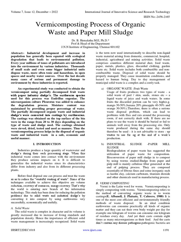 Vermicomposting Process of Organic Waste and Paper Mill Sludge | PDF | Soil | Waste Management