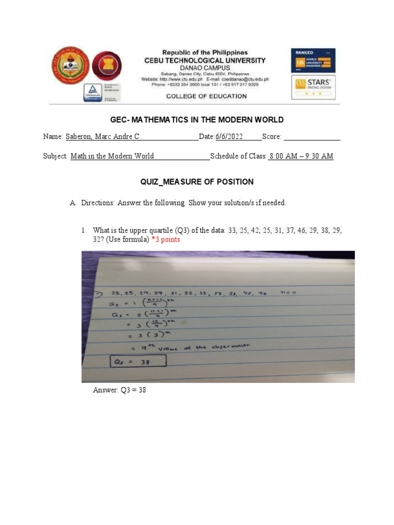 Quiz Measures of Position | PDF