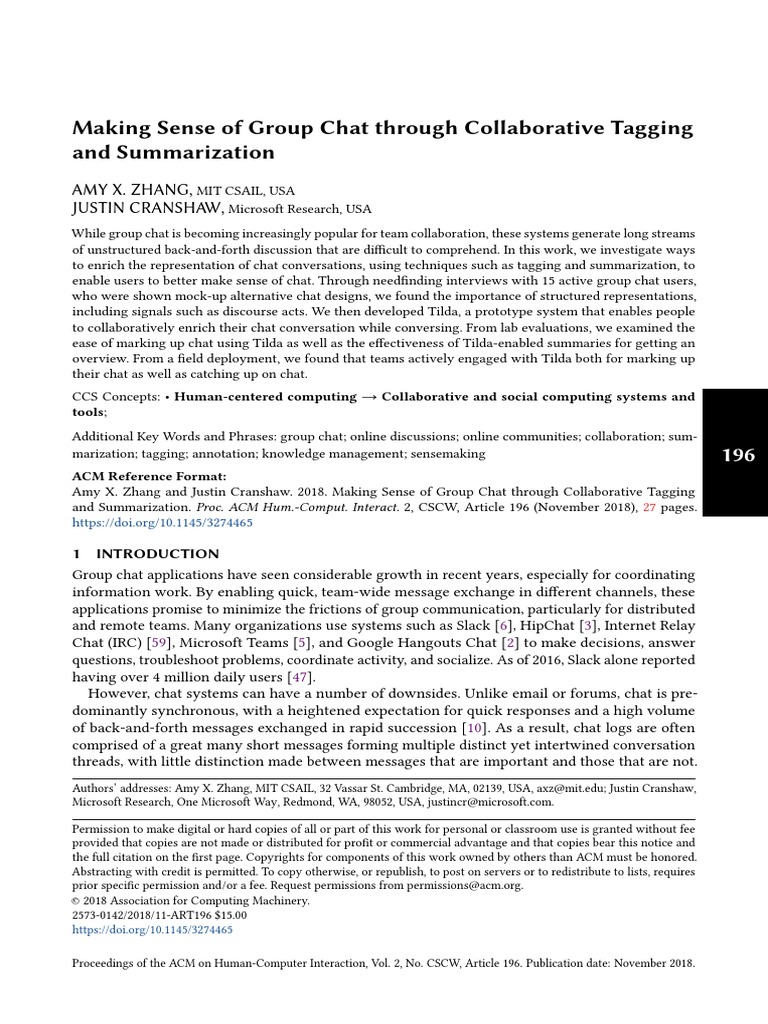 Making Sense of Group Chat Through Collaborative Tagging | PDF | Tag (Metadata) | Conversation